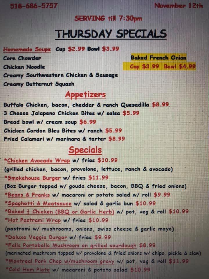 Menu at Fall's Diner restaurant, Hoosick Falls