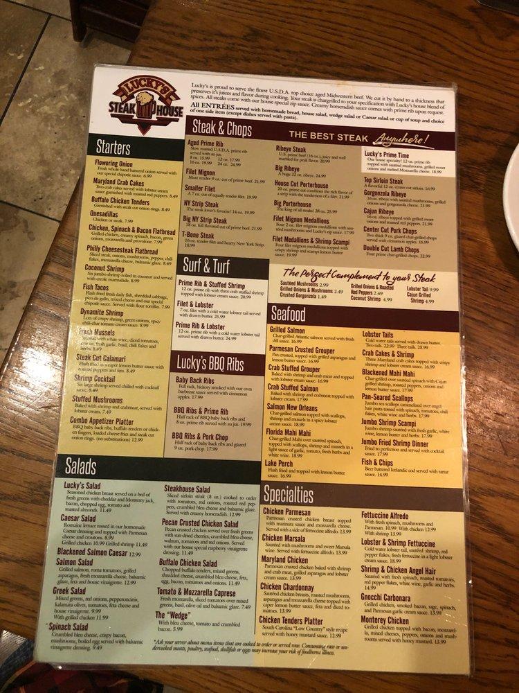 Menu at Lucky's Steakhouse, Bay City