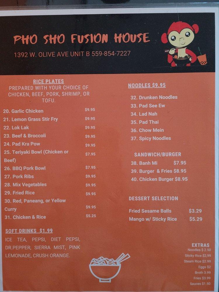 Menu at pho sho Fusion Restaurant, Porterville