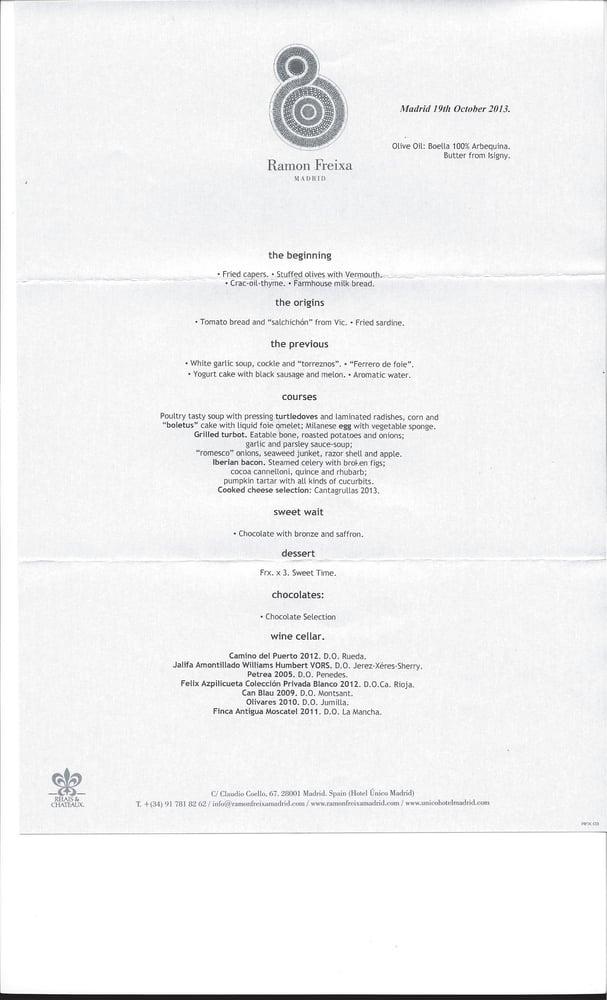 Carta de Restaurante Ramón Freixa Madrid, Madrid