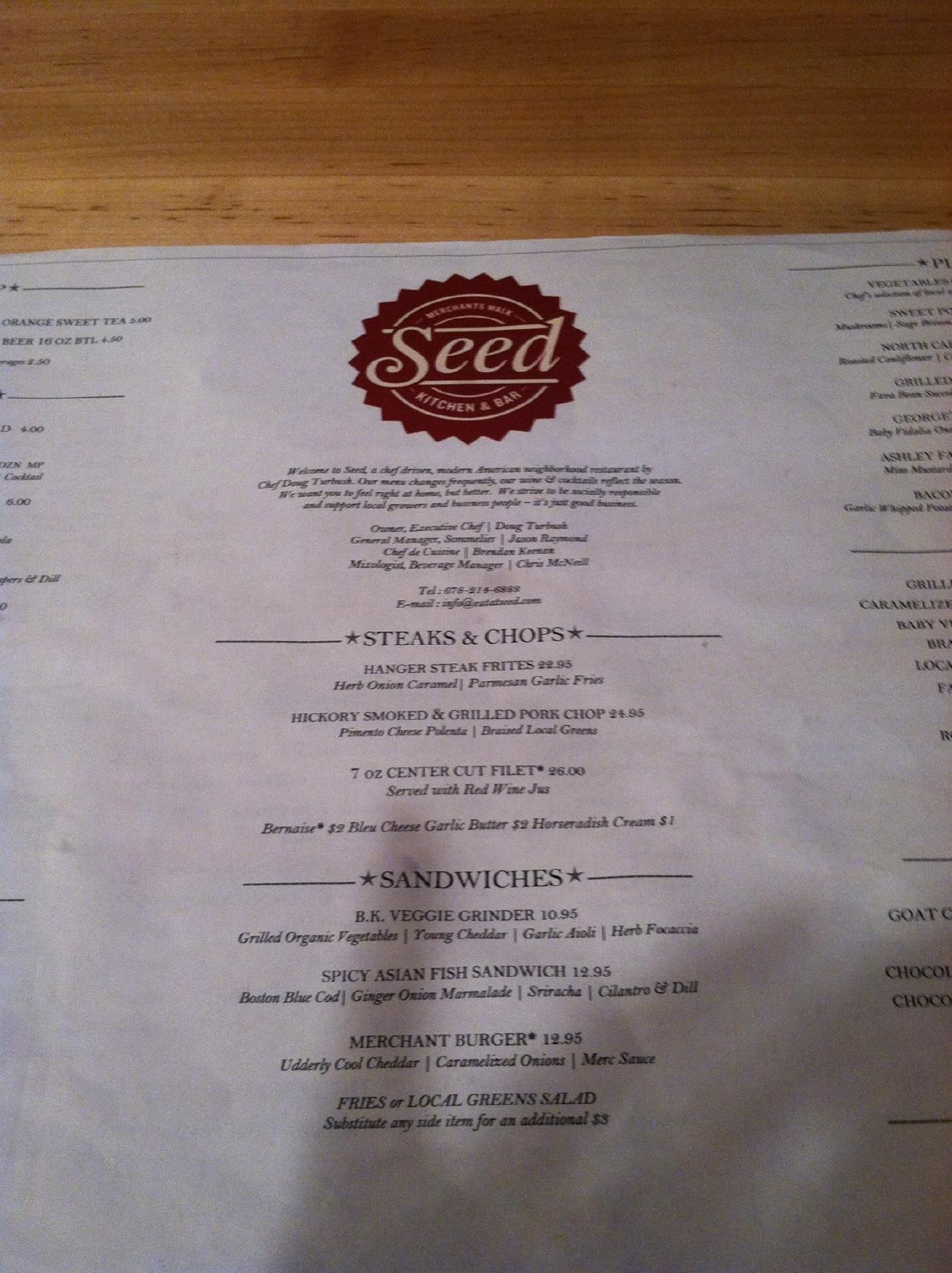 Menu at Seed Kitchen & Bar, Marietta
