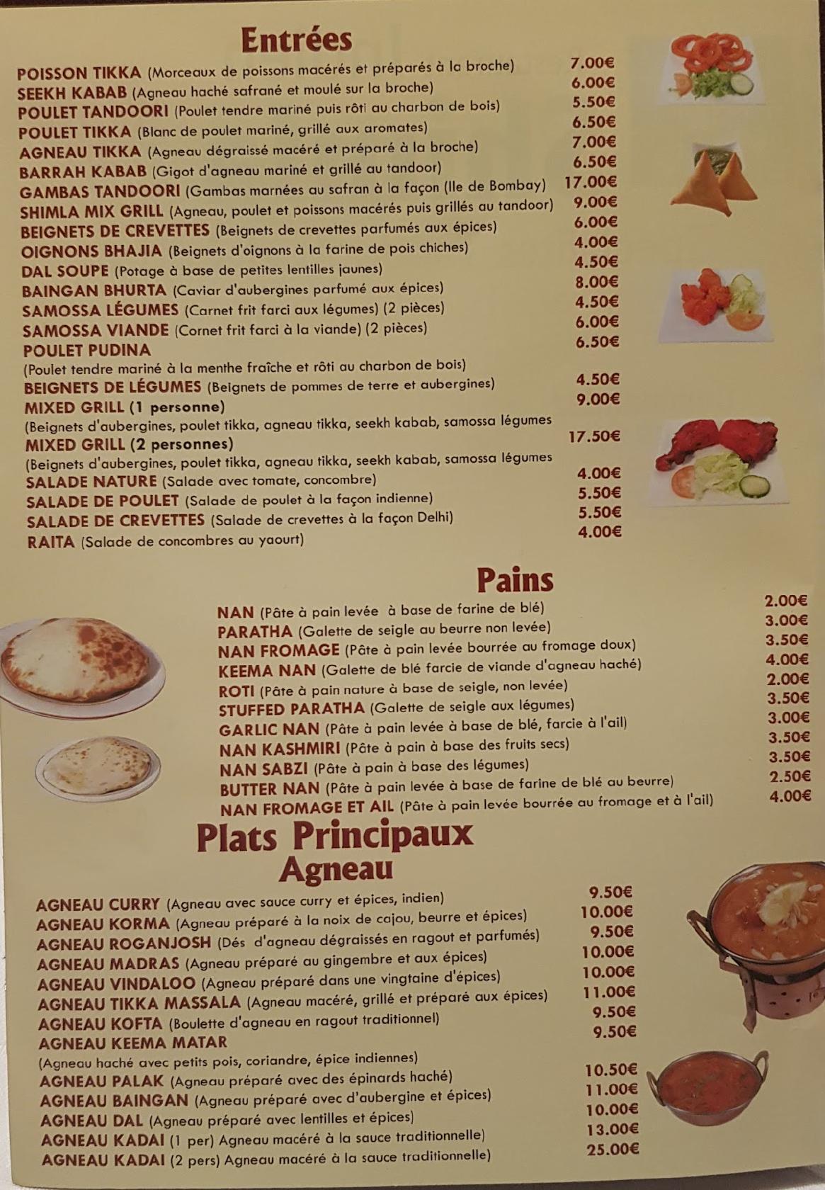 Menu at Shimla restaurant, Rosny-sous-Bois