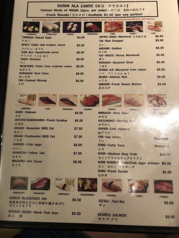 Menu at Yanagi Sushi restaurant, Honolulu