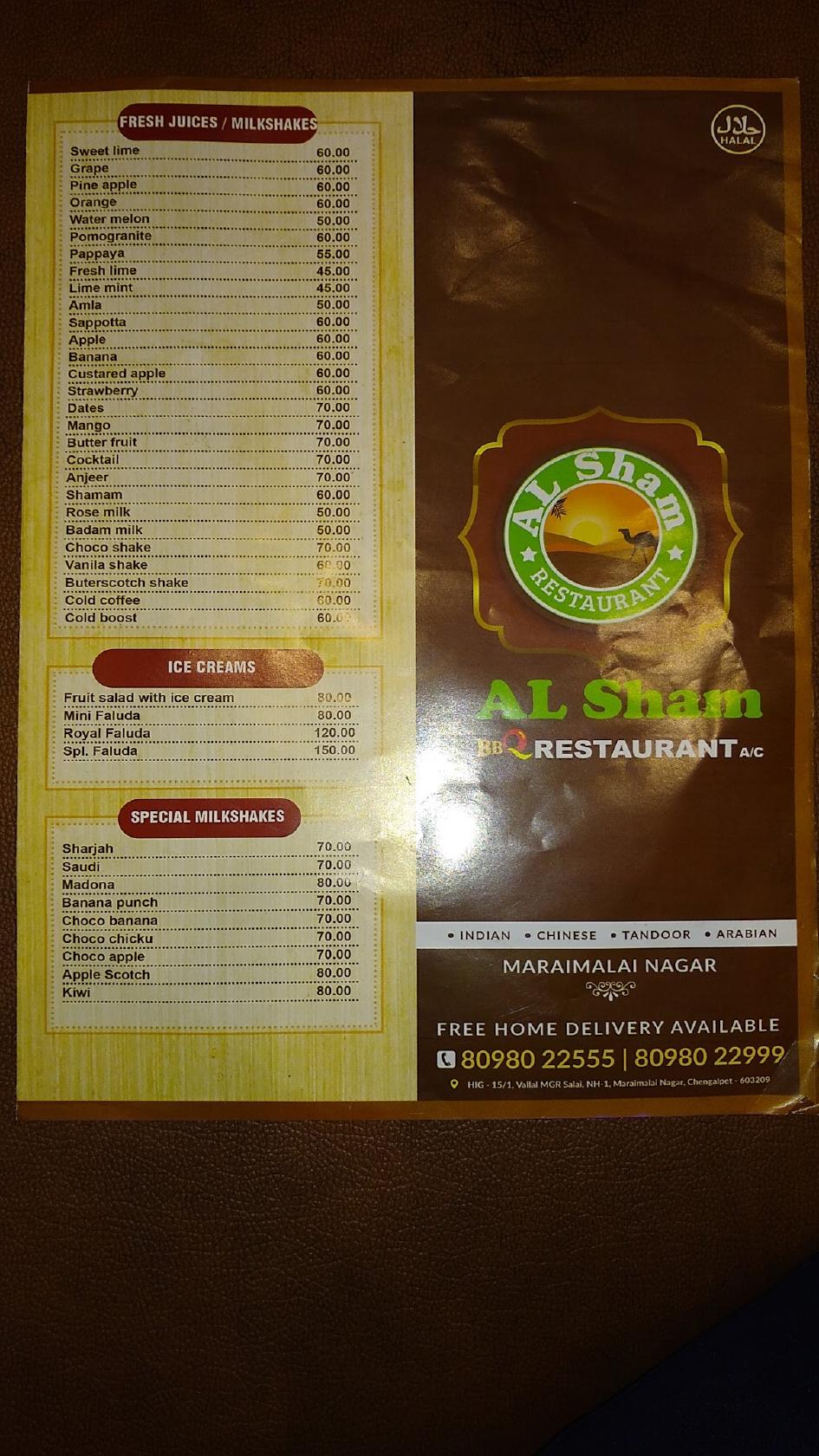 Menu at Alsham BBQ Restaurant, Maraimalai Nagar