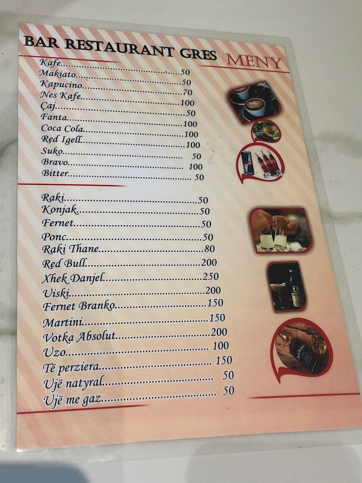 Menu at Bujtina Gres restaurant, Albania