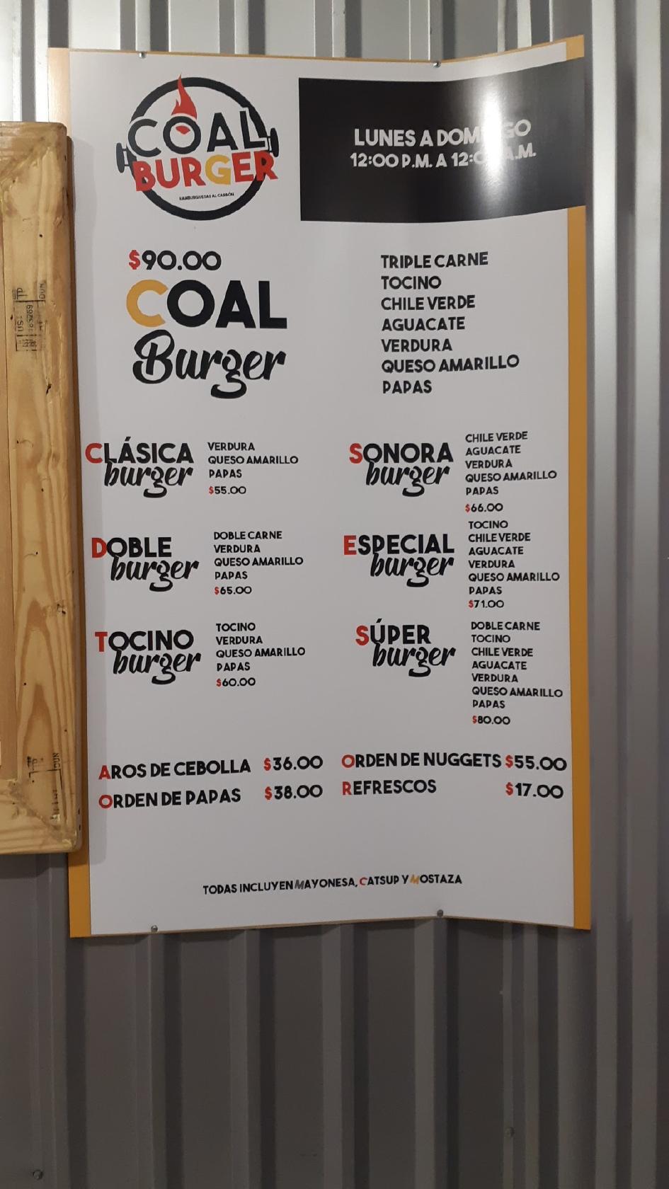 Carta del restaurante Coal Burger, Hermosillo