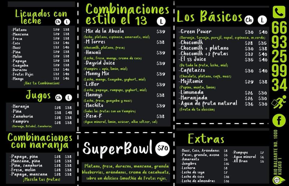 Menu at El 13 Jugueria pub & bar, Mazatlán