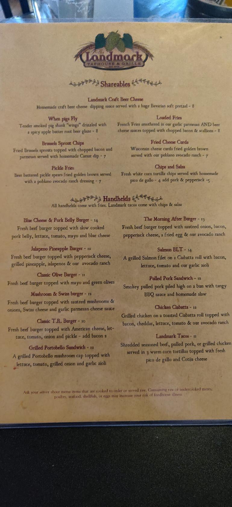 Menu at Landmark Taphouse and Grille pub & bar, Three Rivers