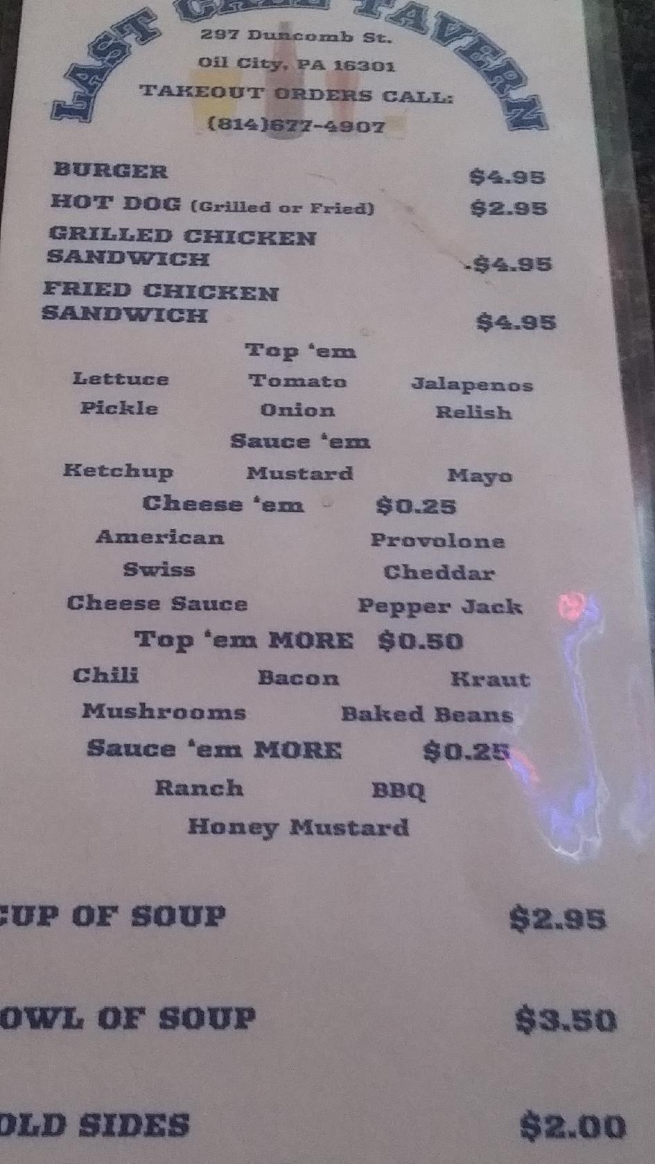 Carta del pub y bar Last Call Tavern, Oil City