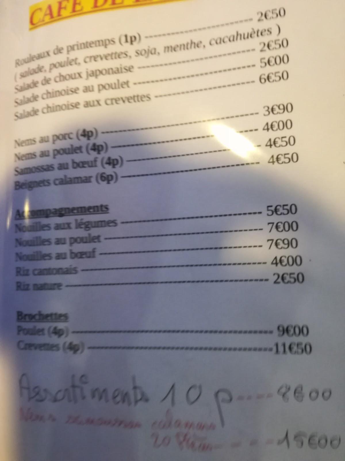 Menu au cafe de la tour, Belleville