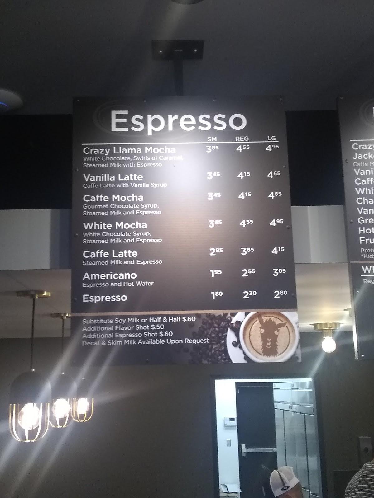 Menu at Crazy Llama Coffee restaurant, Webb City
