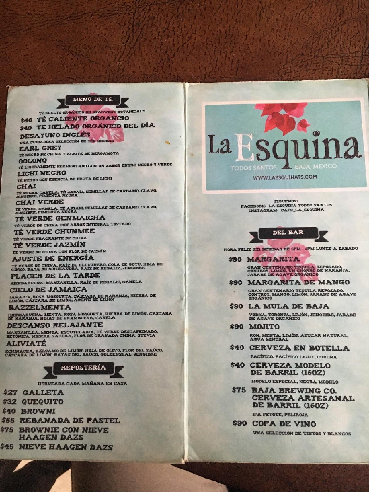Menu at La Esquina restaurant, Todos Santos