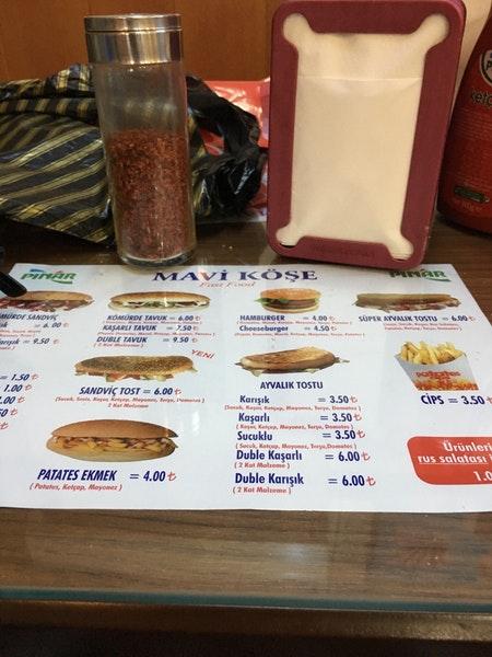 Menu at Mavi Köşe, Soma