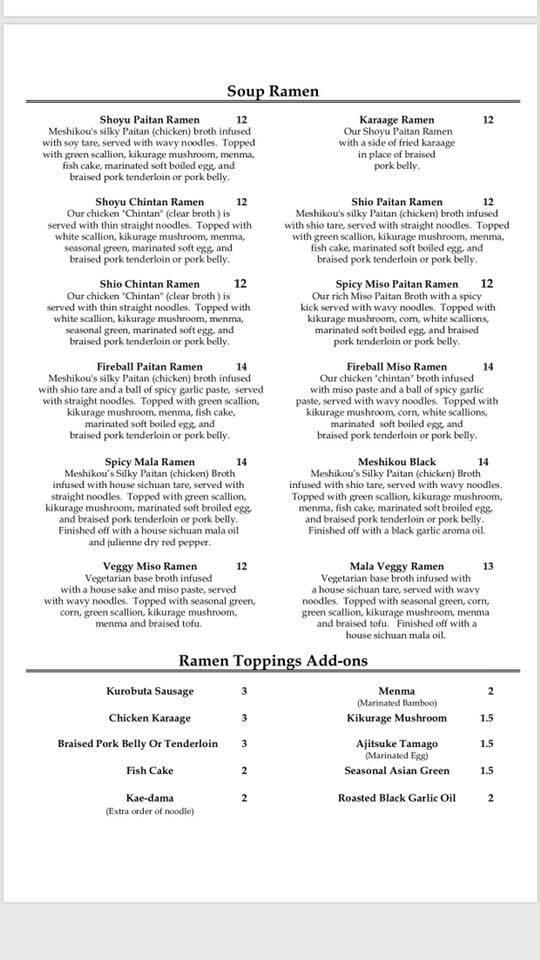 Menu at Meshikou Ramen restaurant, Columbus