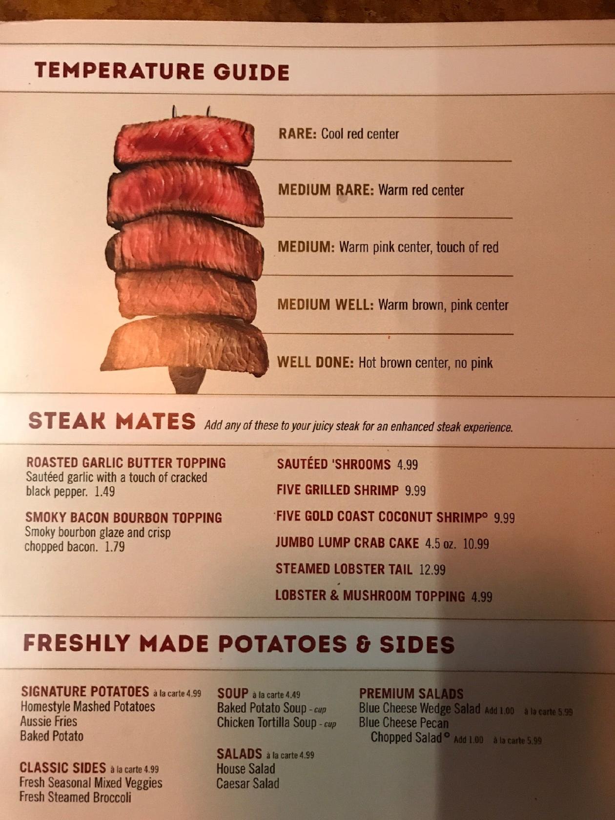 Menu at Outback Steakhouse, Las Vegas, 3785 S Las Vegas Blvd Unit 4100