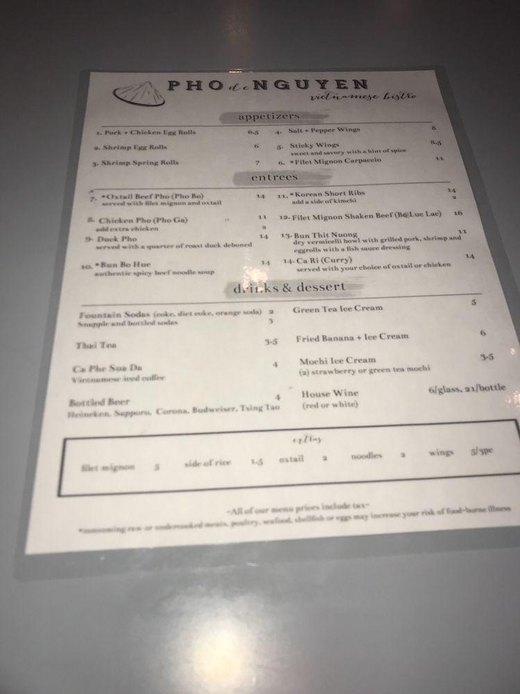 Menu at Pho de Nguyen restaurant, San Bruno