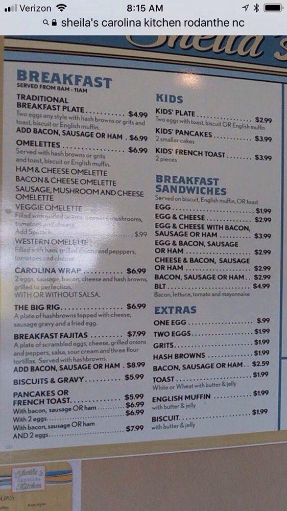 Menu at Sheila's Carolina Kitchen restaurant, Waves