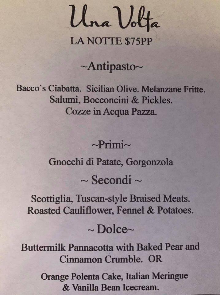 Menu at Una Volta restaurant, Newcastle