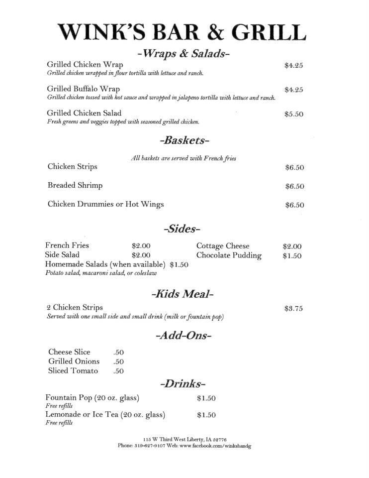 Menu at Wink's Bar & Grill, West Liberty