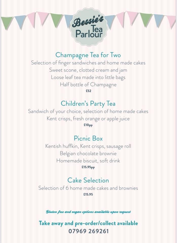 Menu at Bessie's Tea Parlour cafe, Broadstairs