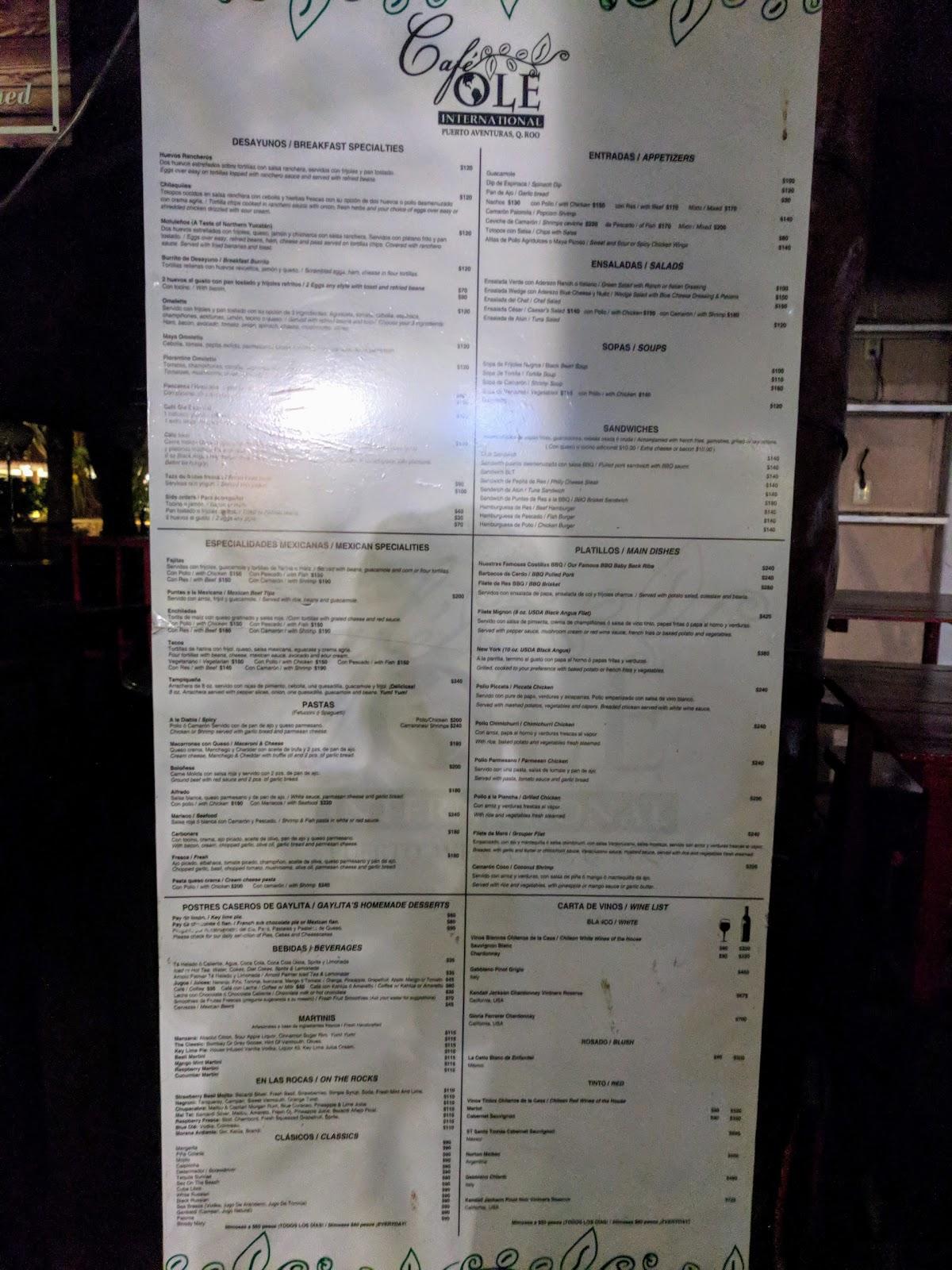 Carta de Café Olé International, Puerto Aventuras, Carretera Chetumal ...