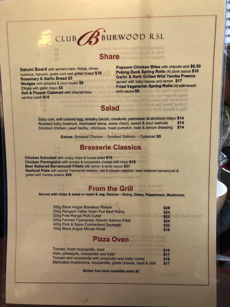 Menu at Club Burwood RSL, Burwood