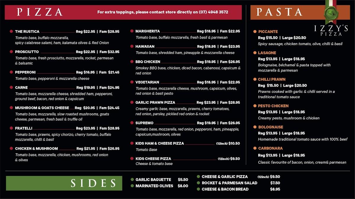 Menu at Izzy's Pizza Deeragun restaurant, Deeragun