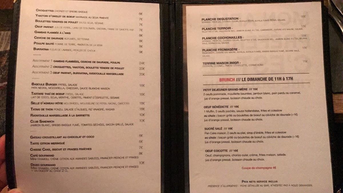 Menu at La Bascule pub & bar, Paris, 24 Rue Durantin