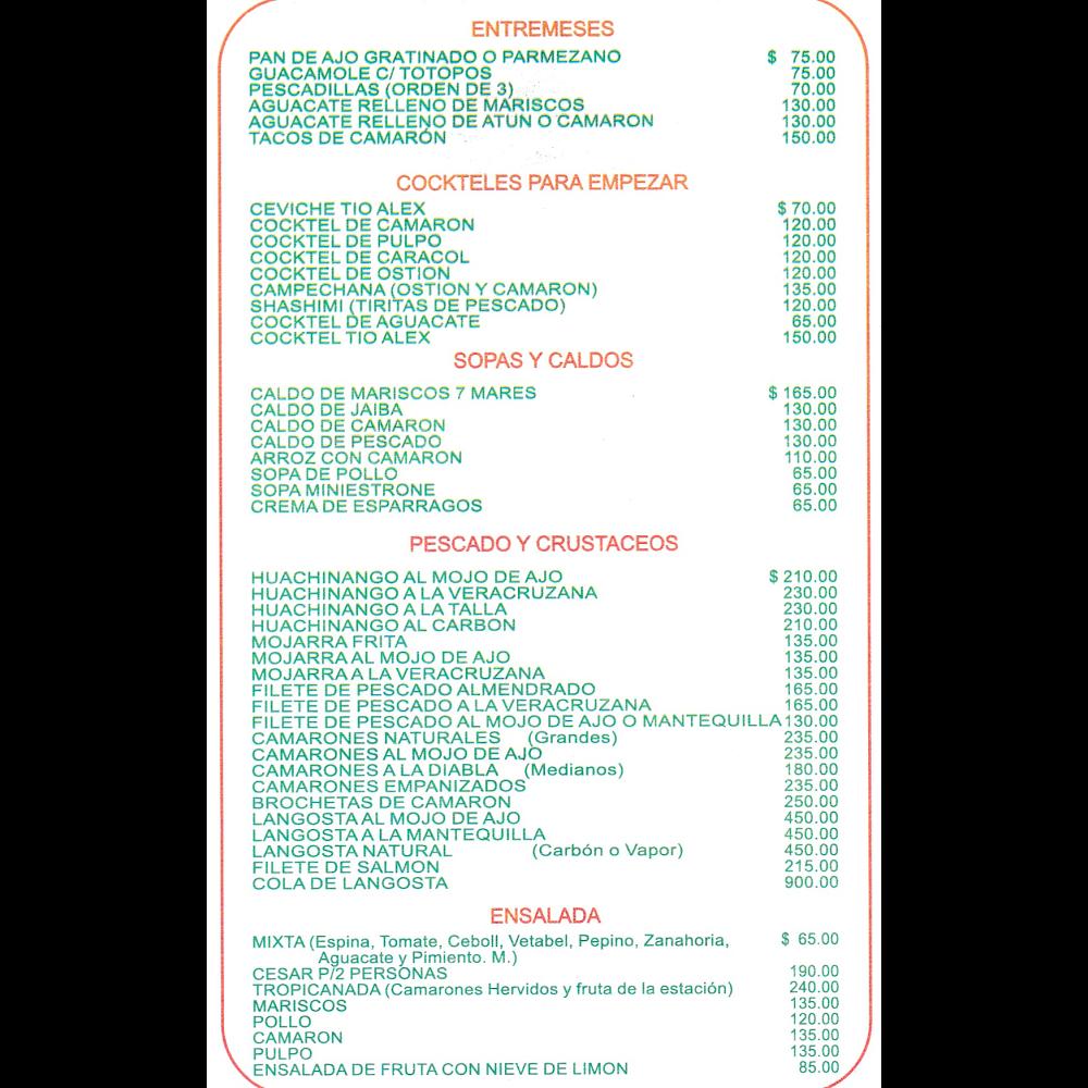 Carta del restaurante Tío Alex Mariscos y Carnes, Acapulco