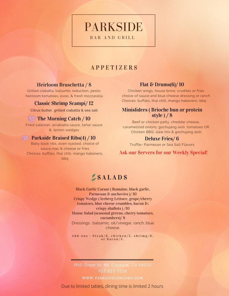 Menu at Parkside Bar & Grill, Concord