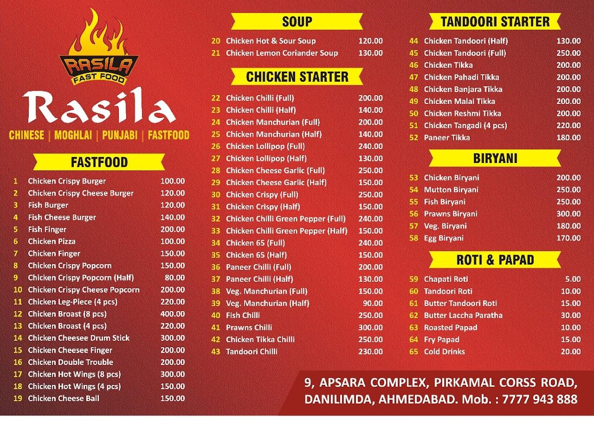 Menu at Rasila fast food, Ahmedabad