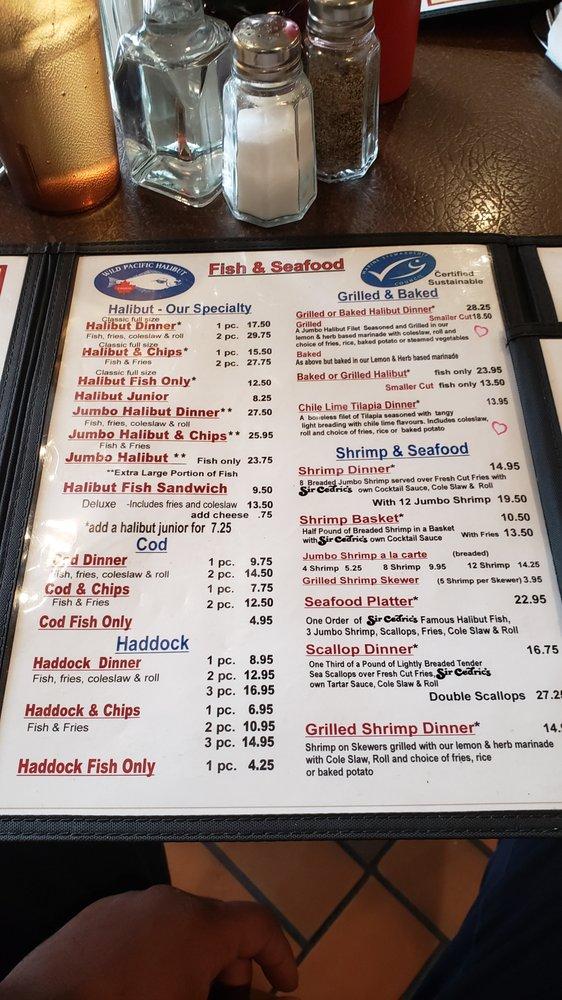 Menu at Sir Cedric's Fish & Chips restaurant, Windsor, 468 University Ave W
