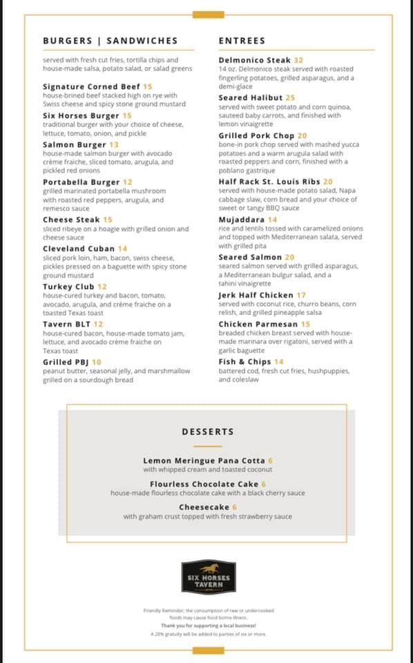 Menu at Six Horses Tavern pub & bar, Aurora