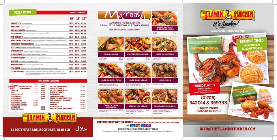 Menu at The Flamin Chicken restaurant, Rochdale