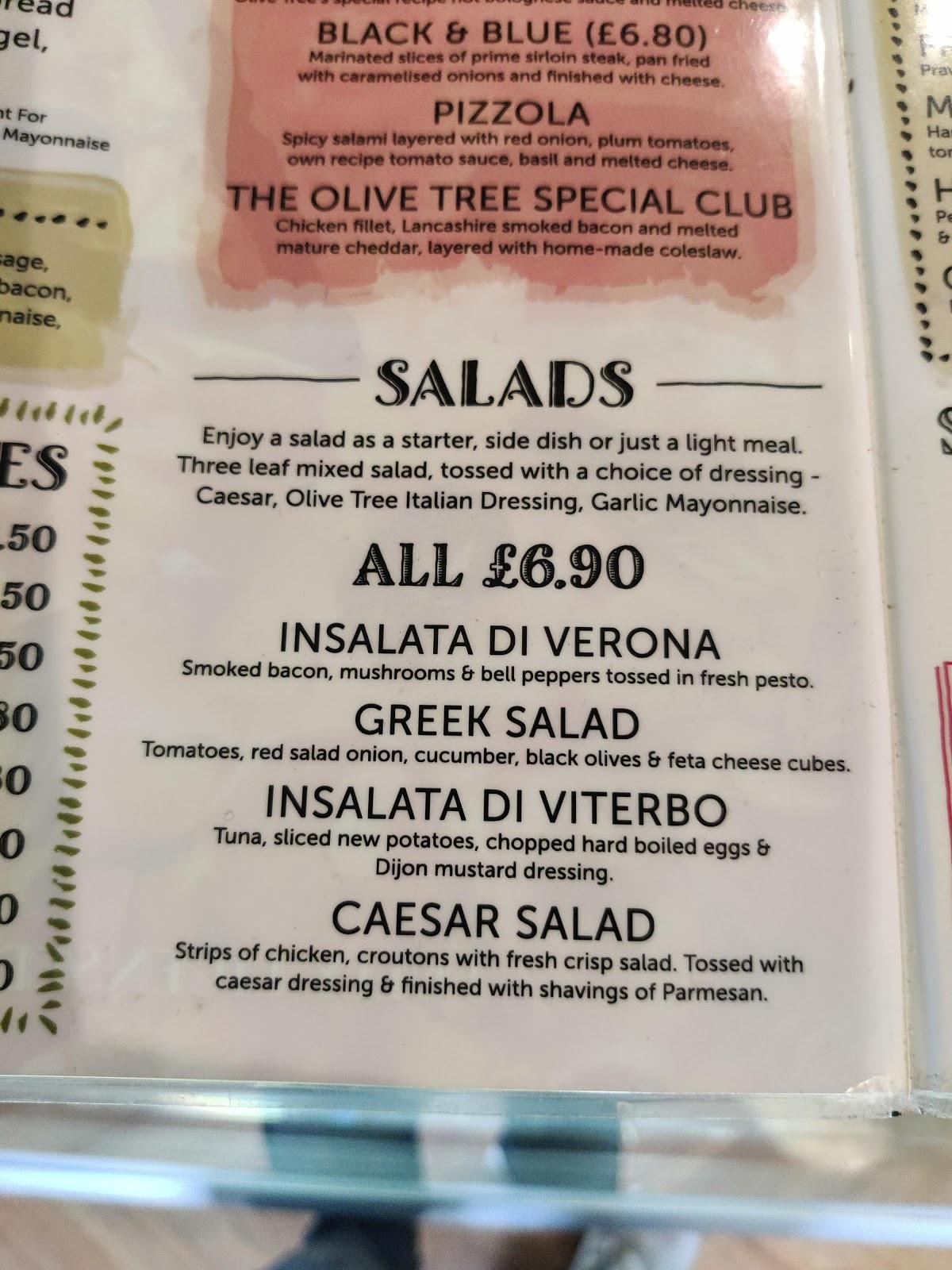 Menu at The Olive Tree cafe, Tarleton