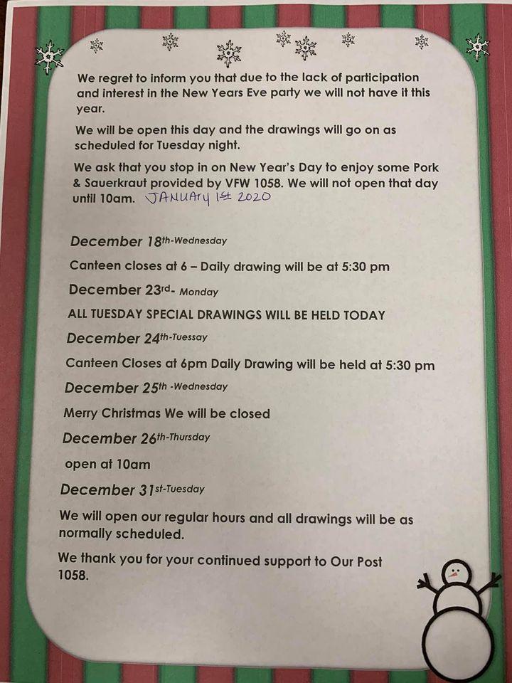 Menu at VFW Post 1058 pub & bar, Zanesville