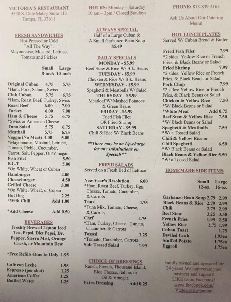 Menu at Victoria's Restaurant, Tampa