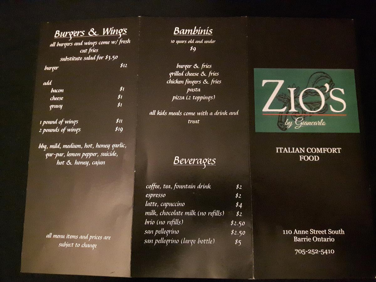 Menu at Zio's Italian Comfort Food restaurant, Barrie