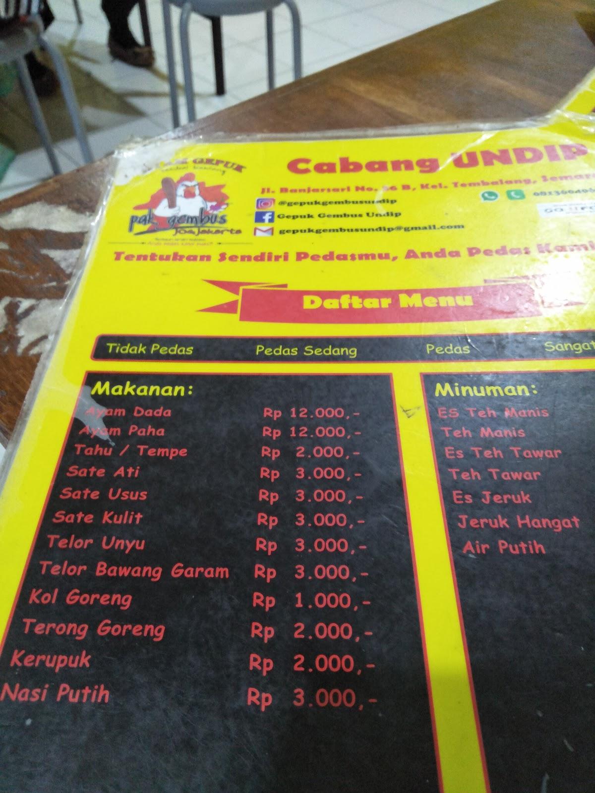 Carta del restaurante Ayam Gepuk Pak Gembus - Undip Sirojudin, Semarang