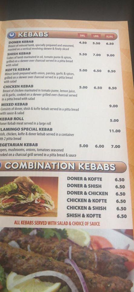 Menu at Flamingos fast food, Southport