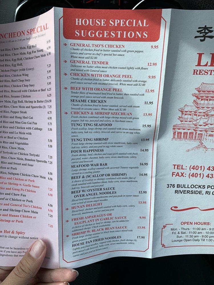 Menu at Lee's Chinese Restaurant, East Providence