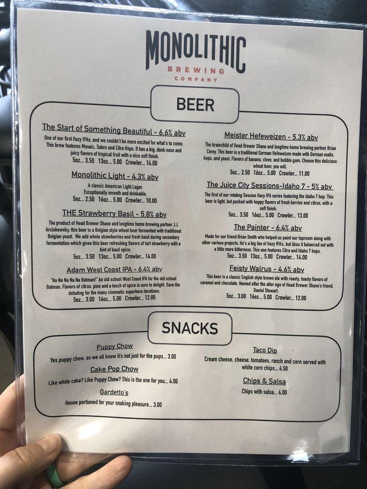 Menu at Monolithic Brewing, Omaha