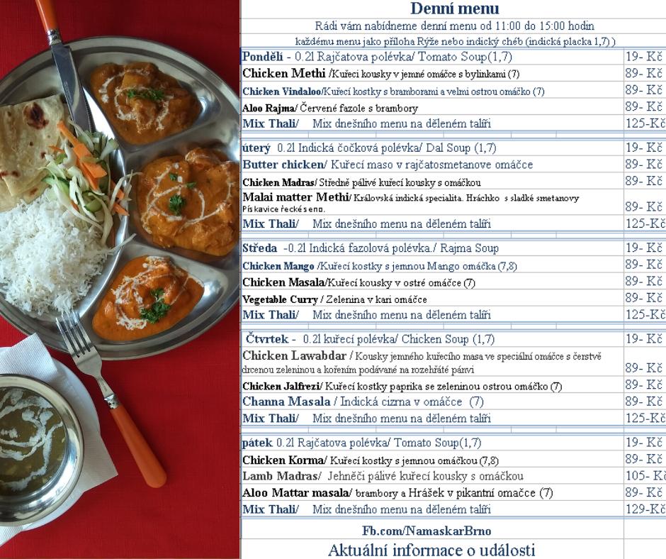 Menu at Namaskar restaurant, Brno, Táborská 456/157