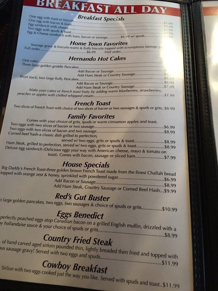Menu at Red's Restaurant, Hernando