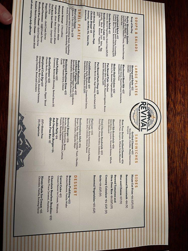 Menu at Revival Denver Public House, Denver