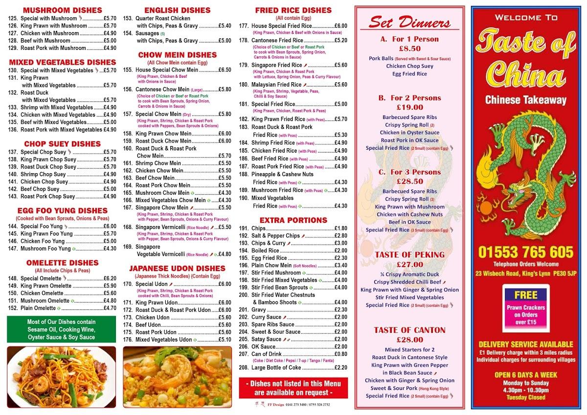 Menu at Taste Of China restaurant, King's Lynn
