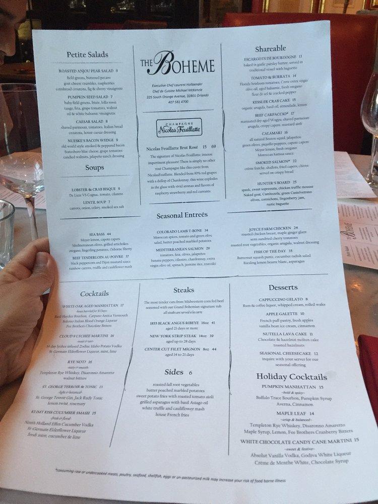 Menu at The Boheme pub & bar, Orlando, Grand Bohemian Hotel Orlando