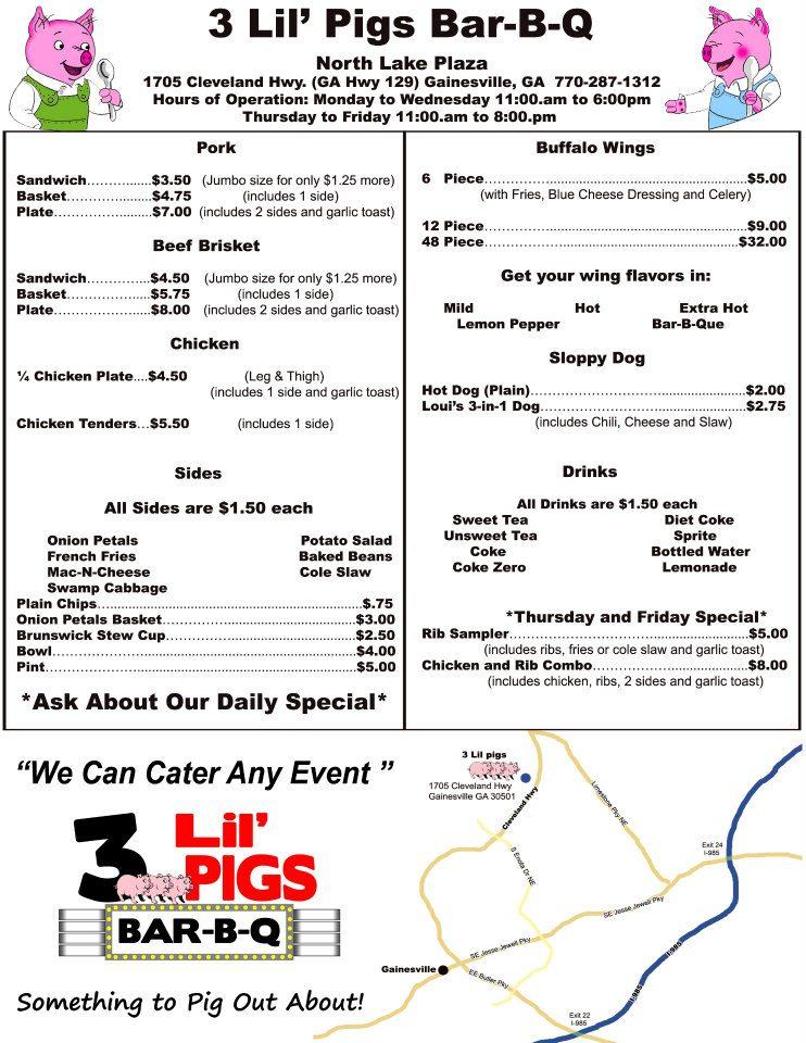 Menu at 3 Lil Pigs BBQ, Gainesville