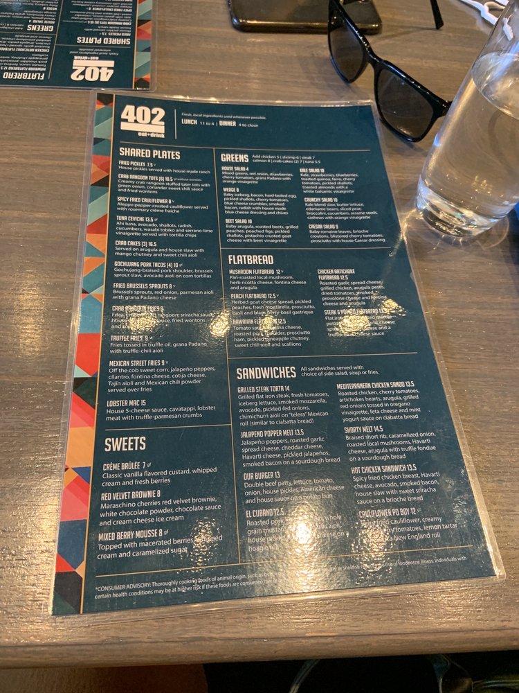 Menu at 402 Eat + Drink pub & bar, Omaha