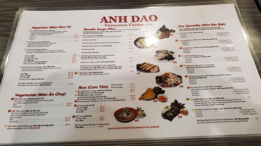Menu at Anh Dao Restaurant, Toronto